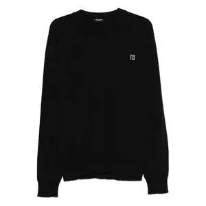 Balmain Logo Detail Silk Blend Crew Neck Long Sleeve T-shirt - Black
