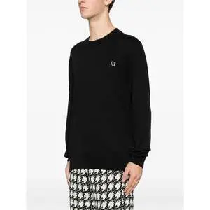 Balmain Logo Detail Silk Blend Crew Neck Long Sleeve T-shirt - Black