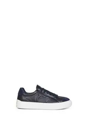 FERRAGAMO Ferragamo Men Navy Blue Leather Gancini Sneakers Multicolor