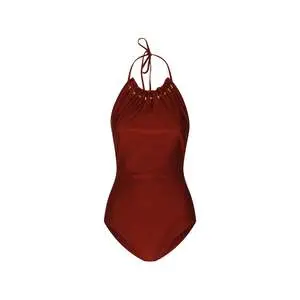 Zimmermann Merlot Shimmer Halterneck One-piece Swimsuit With Gold-tone Bead Embellishments - Red