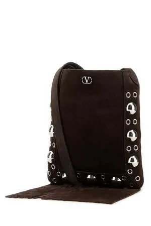 Valentino Garavani Suede Small Crossbody Bag With Silver Tone Hardware - Brown