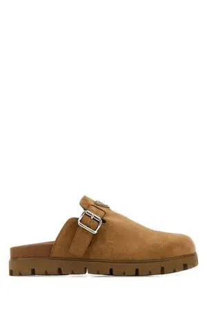 Prada Camel Suede Slip-on Slippers With Buckle Detail - Brown