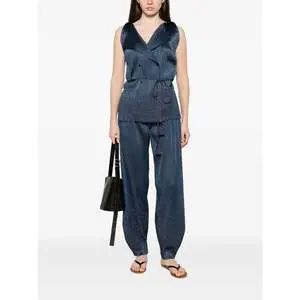 Giorgio Armani Navy Plissé Effect Crystal Embellished Tapered Trousers