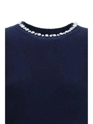 Prada Wool And Cashmere Crew Neck Sweater With Crystal Embellishment - Blue