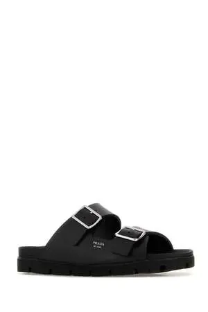 Prada Leather Buckled Slides - Black