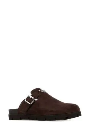 Prada Suede Slippers With Buckle Detail - Brown