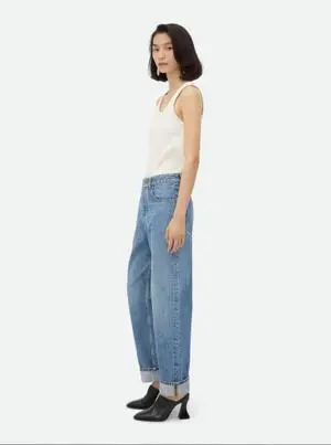 Bottega Veneta Indigo Blue Cotton Blend Jeans With Turn-up Hem
