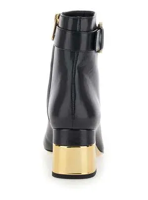 Chloé Alize' Black Leather Ankle Boots With C Buckle And Gold Block Heel - Multicolor