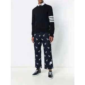 Thom Browne Navy Cotton Fine Knit Crew Neck Long Sleeve Sweater - Blue