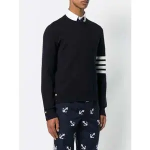 Thom Browne Navy Cotton Fine Knit Crew Neck Long Sleeve Sweater - Blue