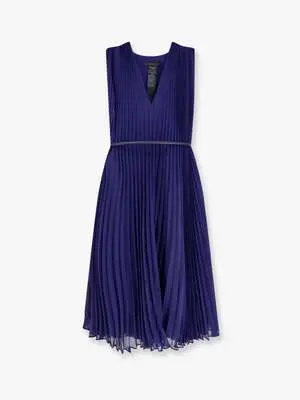 Max Mara Pleated Belted V-neck Sleeveless Flared Dress - Multicolor