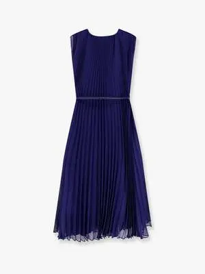 Max Mara Pleated Belted V-neck Sleeveless Flared Dress - Multicolor