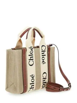 Chloé Woody' Logo Ribbon Canvas Tote Bag - Cream