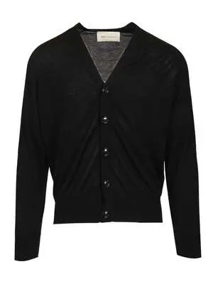 AMI Paris V-neck Wool Cardigan With Embroidered Logo - Black