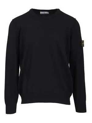 Stone Island Organic Cotton Crew Neck Sweater With Logo Patch - Blue