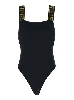Versace One-piece Swimsuit With Square Neckline And Web Detail In Tech Fabric For - Black