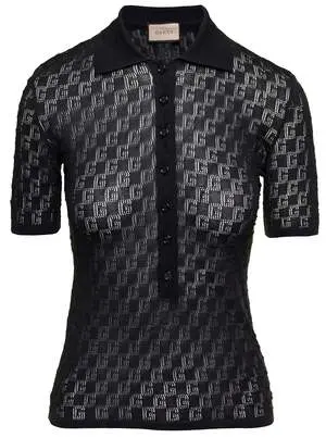 Gucci Black Cotton Silk Blend Gg Motif Polo Shirt - Multicolor