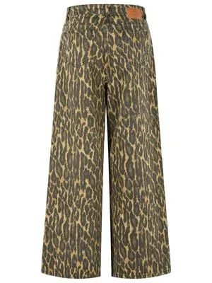 GANNI Leopard Print Wide Leg Cotton Jeans - Brown
