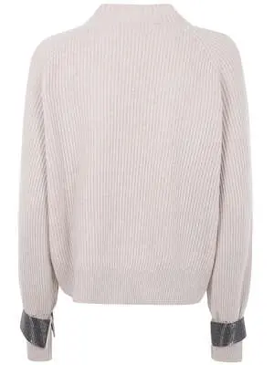 Brunello Cucinelli Cashmere Ribbed Sweater With Embellished Cuffs