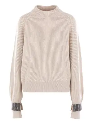 Brunello Cucinelli Cashmere Ribbed Sweater With Embellished Cuffs