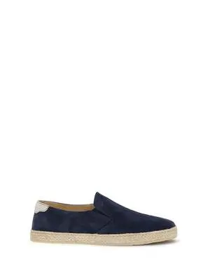 Brunello Cucinelli Suede Slip-on Sneakers With Raffia Sole - Blue