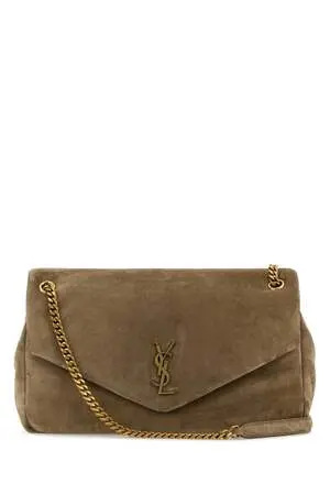 Saint Laurent Large Suede Shoulder Bag With Antiqued Golden Metal - Gray