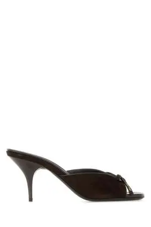 Miu Miu Chocolate Suede Leather Mules With Bow Detail