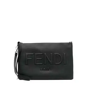 Fendi Calf Leather Embossed Logo Clutch Bag - Black