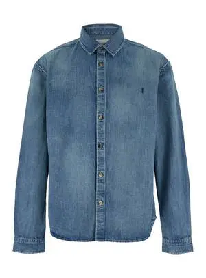 Saint Laurent Shirt With Classic Collar And Cassandre Embroidery On The Front In Light Blue Denim For - Multicolor