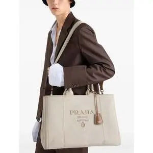Prada Canvas Tote Bag With Logo Lettering And Adjustable Shoulder Strap - Cream