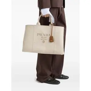 Prada Canvas Tote Bag With Logo Lettering And Adjustable Shoulder Strap - Cream