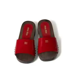 Miu Miu Patent Calf Leather Embossed Logo Block Heel Sandals
