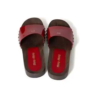 Miu Miu Patent Calf Leather Embossed Logo Block Heel Sandals