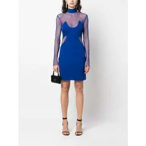 TOM FORD Cobalt Crepe Texture Mesh Panelling Sheer Panels Mock Neck Long Sleeves Above-knee Dress