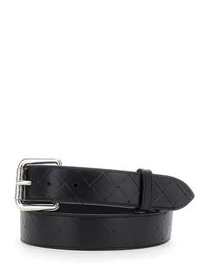 Bottega Veneta Black Leather Belt With Intrecciato Motif - Multicolor
