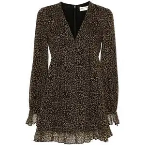 Saint Laurent Leopard Print V-neck Long Sleeve Dress - Brown