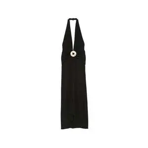 Cult Gaia Halterneck Plunging V-neck Dress With Gold-tone Hardware - Black