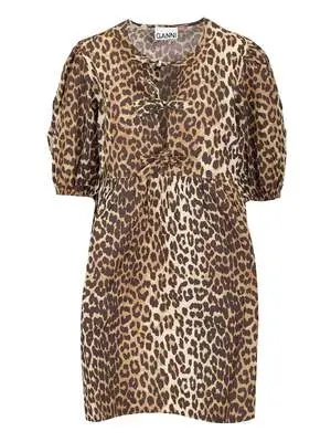 GANNI Leopard Print Puff Sleeve Mini Dress - Multicolor