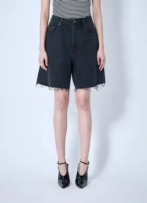 Saint Laurent Mid Rise Raw Edge Denim Shorts - Black
