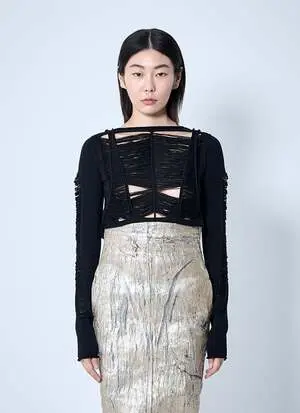 Rick Owens Tanja Distressed Wool Crewneck Long Sleeve Top - Black