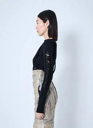 Rick Owens Tanja Distressed Wool Crewneck Long Sleeve Top - Black