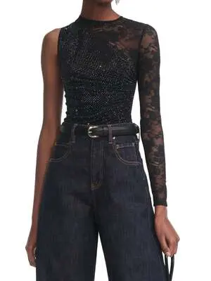 SELF-PORTRAIT One-shoulder Floral Lace Top - Black