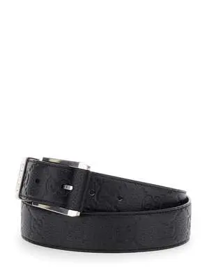 Gucci Black Grained Leather Belt With Embossed Gg Logo And Square Buckle - Multicolor