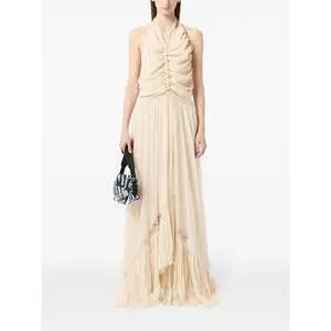 Blumarine BLUMARINE Halterneck Lace Trim Tiered Hem Evening Dress Cream