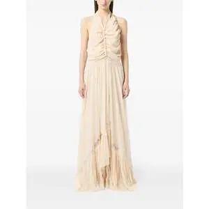 Blumarine Halterneck Lace Trim Tiered Hem Evening Dress - Cream