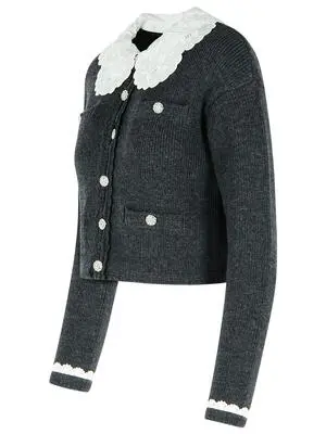 SELF-PORTRAIT Dark Grey Wool Blend Crop Cardigan With Lace Collar - Gray
