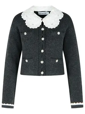 SELF-PORTRAIT Dark Grey Wool Blend Crop Cardigan With Lace Collar - Gray