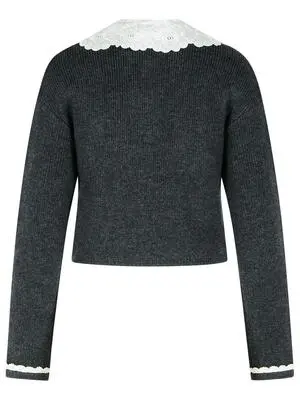 SELF-PORTRAIT Dark Grey Wool Blend Crop Cardigan With Lace Collar - Gray