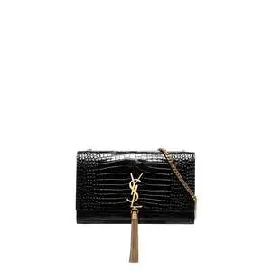 Saint Laurent Kate Medium Tassel Crocodile Embossed Leather Bag - Black