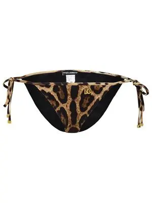 Dolce & Gabbana Leopard Print Bikini Bottoms With Gold Logo Detail - Brown